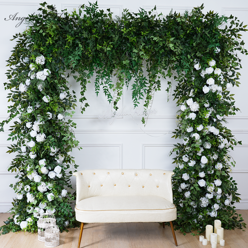 A8629 White Rose Green Leaf Floral Row Decor Wedding Backdrop Square ...